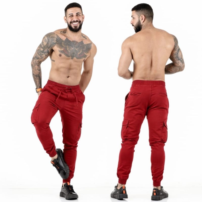 Calças Cargo Masculinas Jogger Com Lycra Bolso Lateral Top Deversas