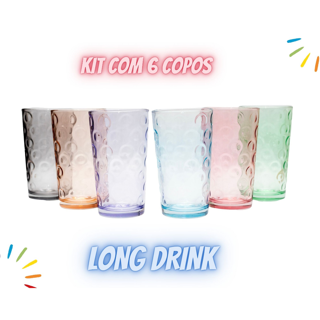 Jogo de 6 Copos Coloridos Vidro 330ml Rainbow Arco Iris Design Moderno ...