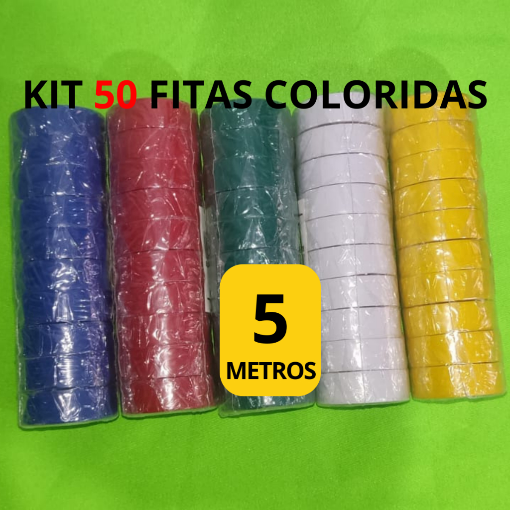 50 Fita Isolante Colorida 5m x17mm Anti-Chamas pacote com 10 5 cores ...