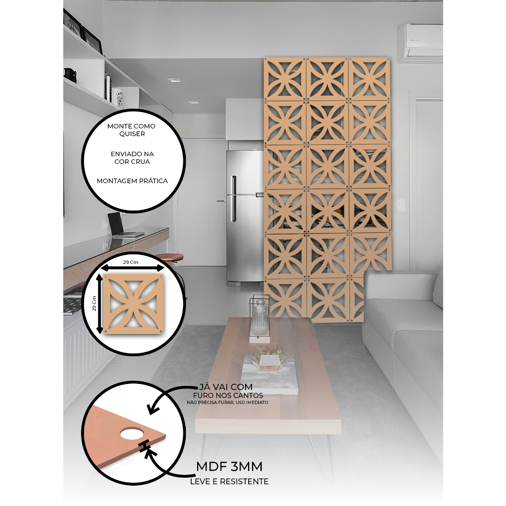 Kit 36 Placas Painel De Mdf 3mm Elemento Vazado Cobogó Cor Crua P/Divisória | Shopee Brasil