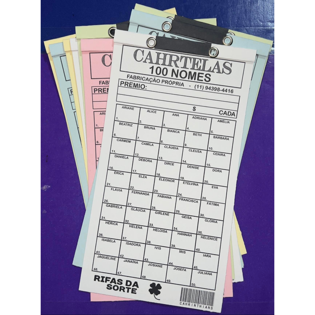 CARTELA DE RIFA 100 NOMES PCT COM 10 UNIDADES | Shopee Brasil