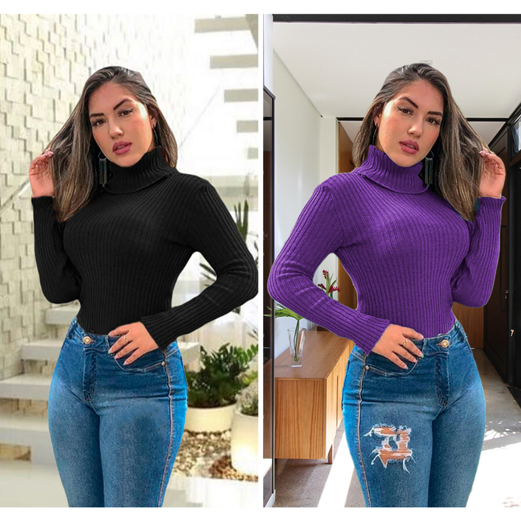 KIT 2 Blusas Cacharrel Trico Canelada Inverno Segunda Pele | Shopee Brasil