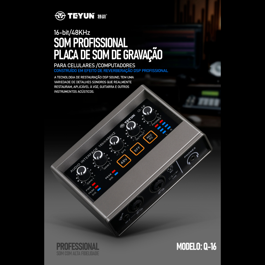 TEYUN Q-16 Placa De Som De Gravação Profissional Com Guitarra Elétrica ...