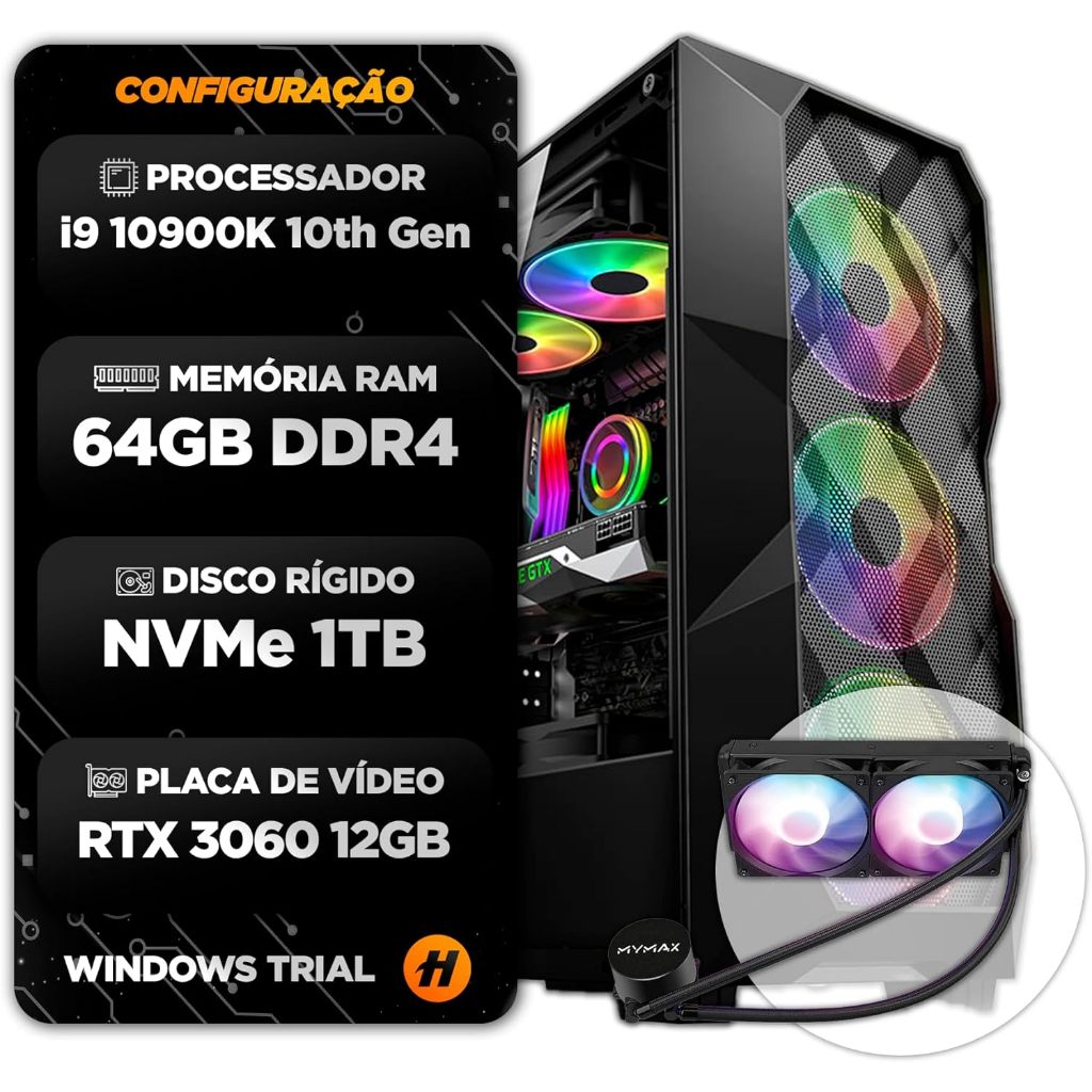 PC GAMER HERTZ® i9 10900K 64GB RAM NVMe M.2 1TB 3060 12GB WATER COOLER ...