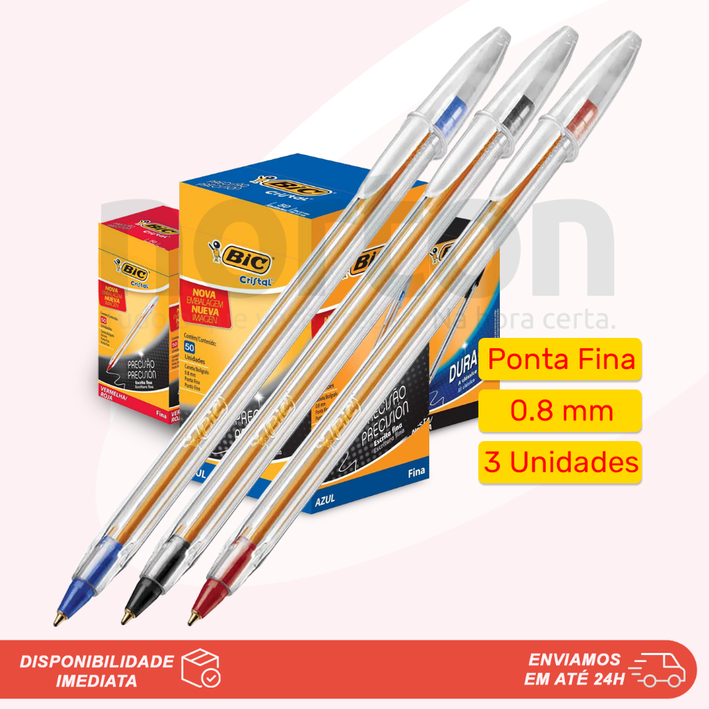 KIT PROMOCIONAL Canetas Bic Cristal Esferográficas 0.8mm Ponta Fina Cores Azul, Preta e Vermelha ...