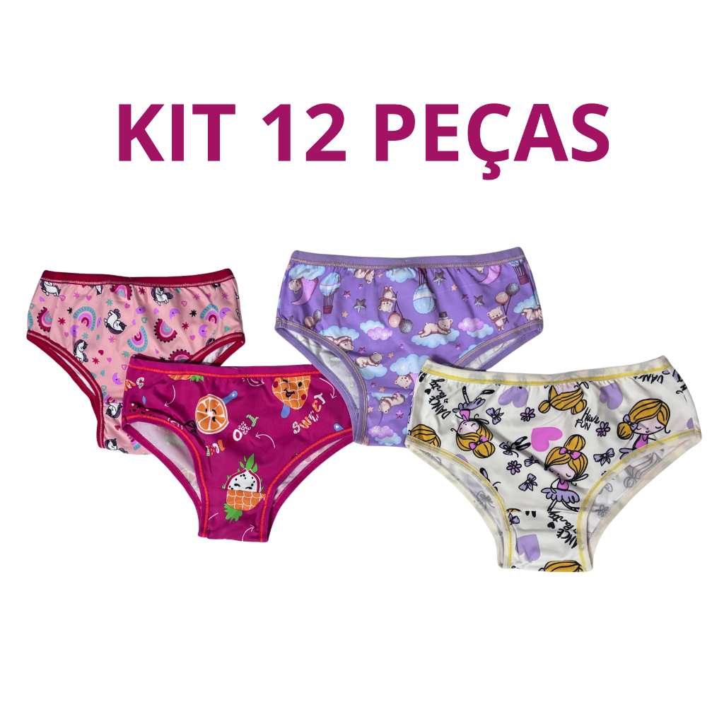 Kit 12 Calcinhas Infantil Variadas Poliamida Hipoalergênica Premium ...