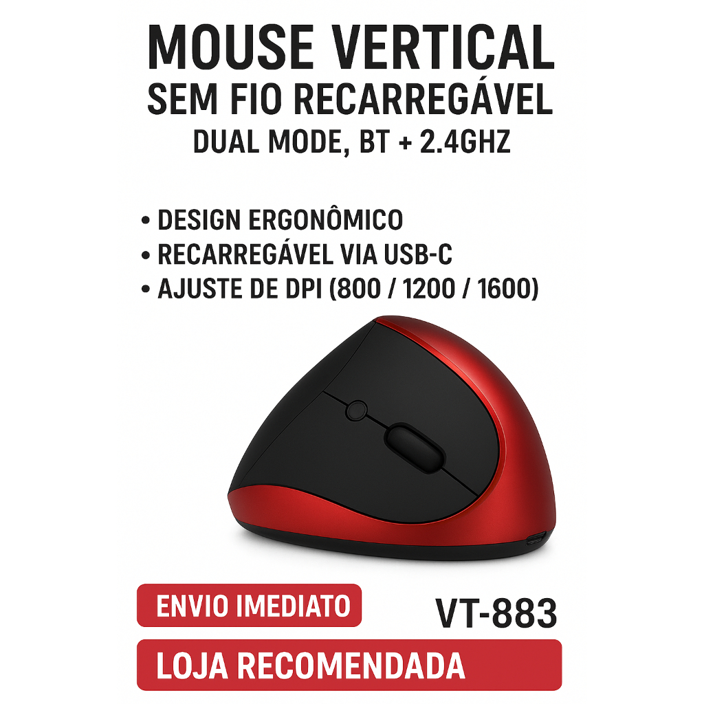 Mouse Vertical Sem Fio Recarregável VT-883 – Ergonômico, Dual Mode (BT ...