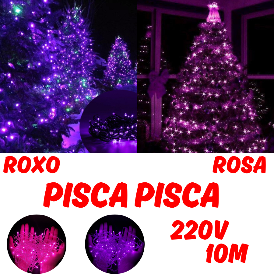 Pisca Pisca 10M 100 Leds 220V Transparente Rosa Ou Roxo 8 Funções Kit ...