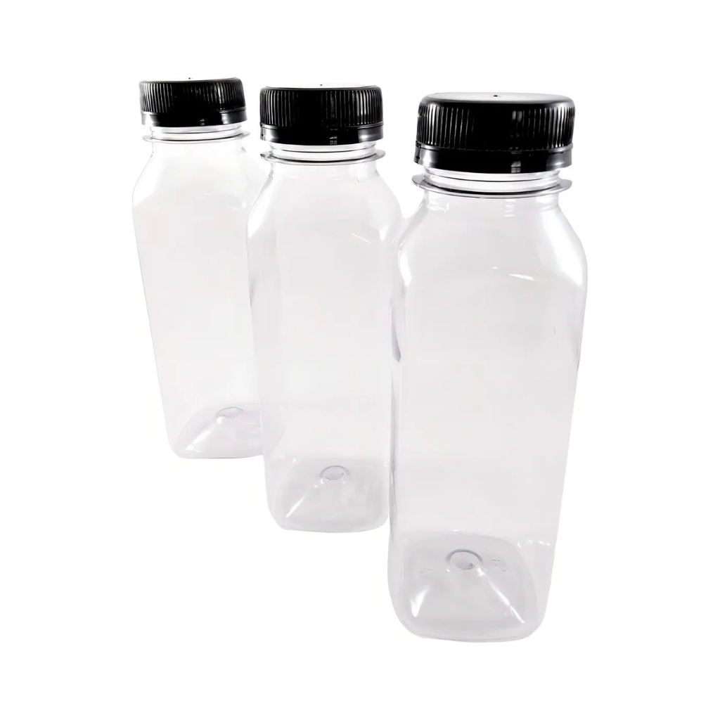 Kit 10 Garrafas Pet Plástica 300ml Descartável Quadrada Lisa Finish Com Tampa Lacre Preta ...