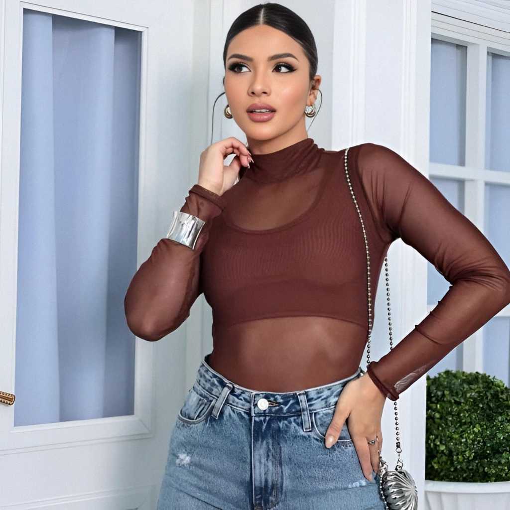 Body Manga Longa De Tule Plus Size Transparente Blusa Moda Festa Balada ...