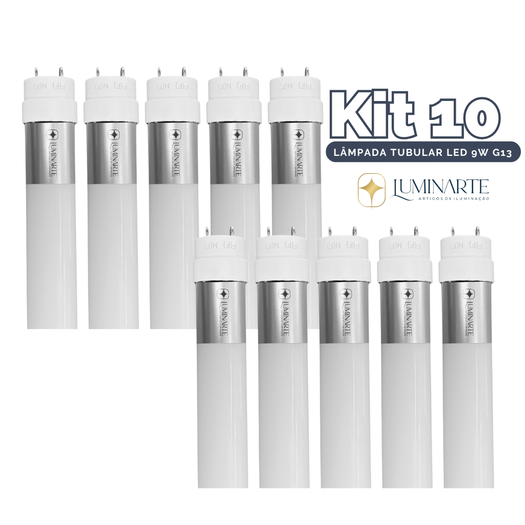 Kit 10 Lâmpadas Led Tubular T8 Bivolt 9w 60cm G13 Vidro 6500k Branco Frio(LUZ BRANCA ...