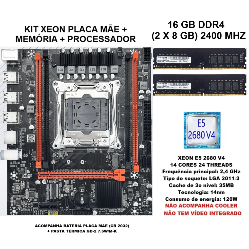 KIT XEON, PLACA MÃE X99 + XEON 2680 V4 + 16 GB DDR4 2400 MHz (2x8GB ...