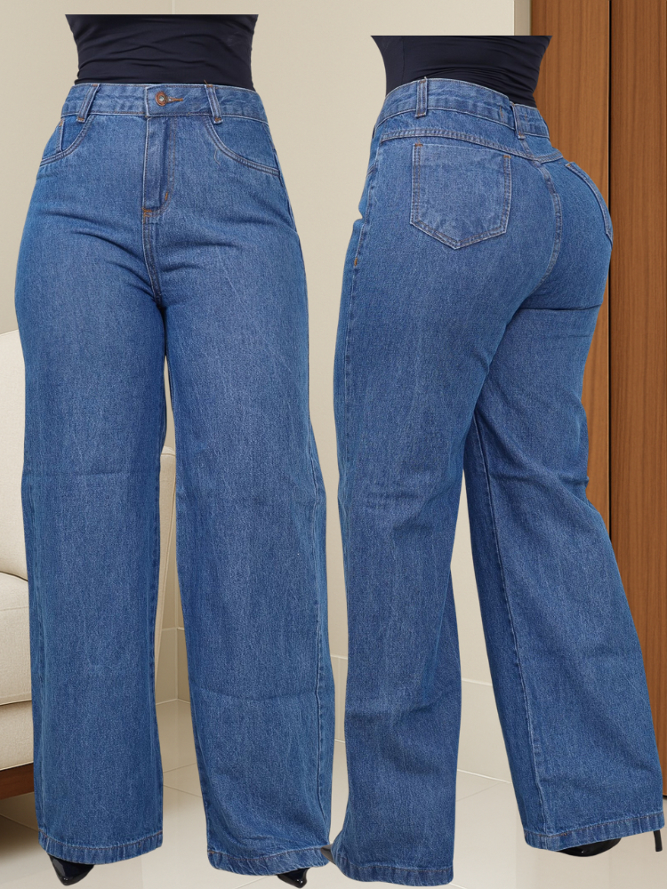 Calça Jeans Feminina Wid Leg Cintura Alta Jeans Premiun Elegante Cor ...