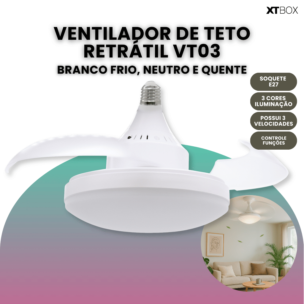 Ventilador de Teto Retrátil Controle Remoto com Luz Led Ajustável Silencioso Moderno VT03 ...