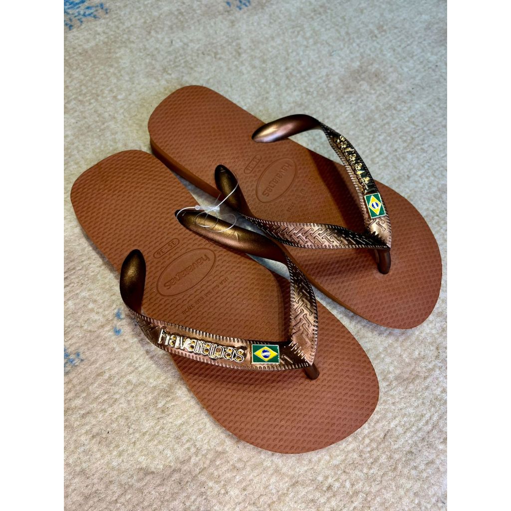 Havaianas Brasil Top Customizada Ferrugem Logo Metal Dourado Chinelo ...