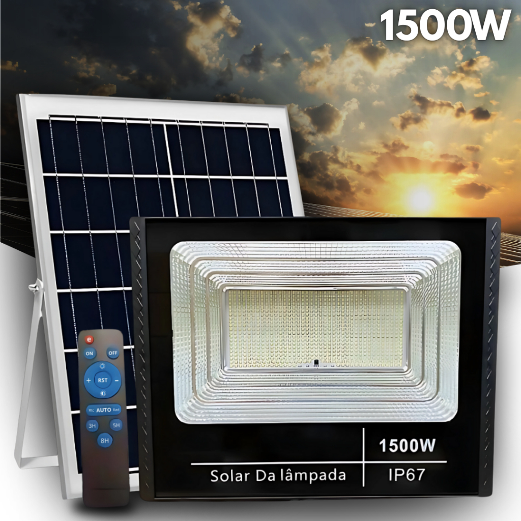 Refletor Solar 1500w Holofote Led Iluminação Potente Com Placa Solar e ...