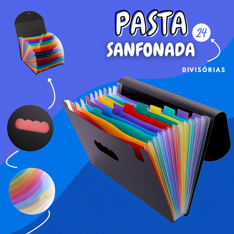 Pasta Sanfonada Em Polipropileno A4 Com 24 Divisórias Uso Escolar