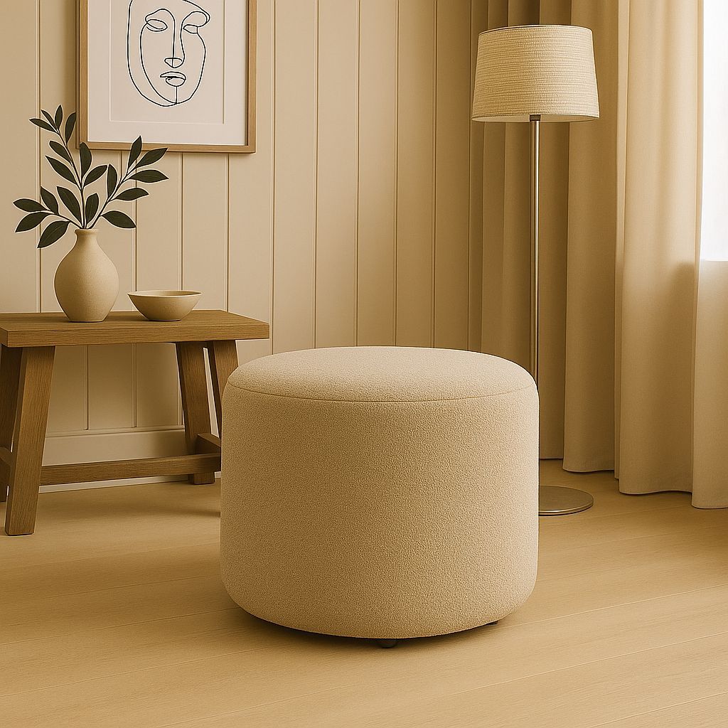 Puff Bouclé Aura Estilo Orgânico Tecido Boucle Redondo para Sala Quarto ...