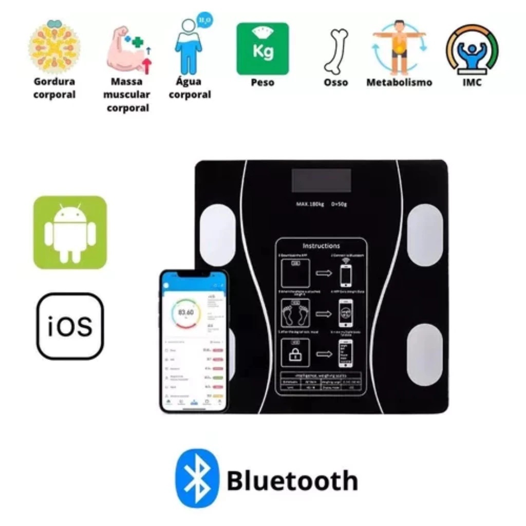 BALANCA DIGITAL BIOPEDÂNCIA/ APLICATIVO BLUETOTH 3 a 180KG | Shopee Brasil