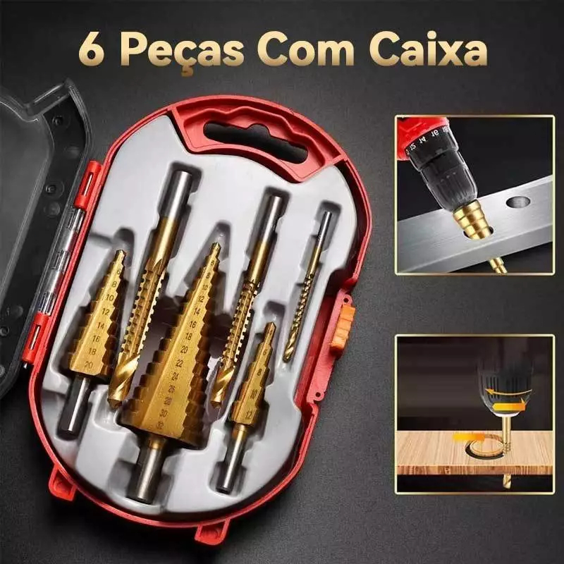 Kit 6 Brocas Titânio Escalonada Amarela Aço e Broca Corte Lateral ...