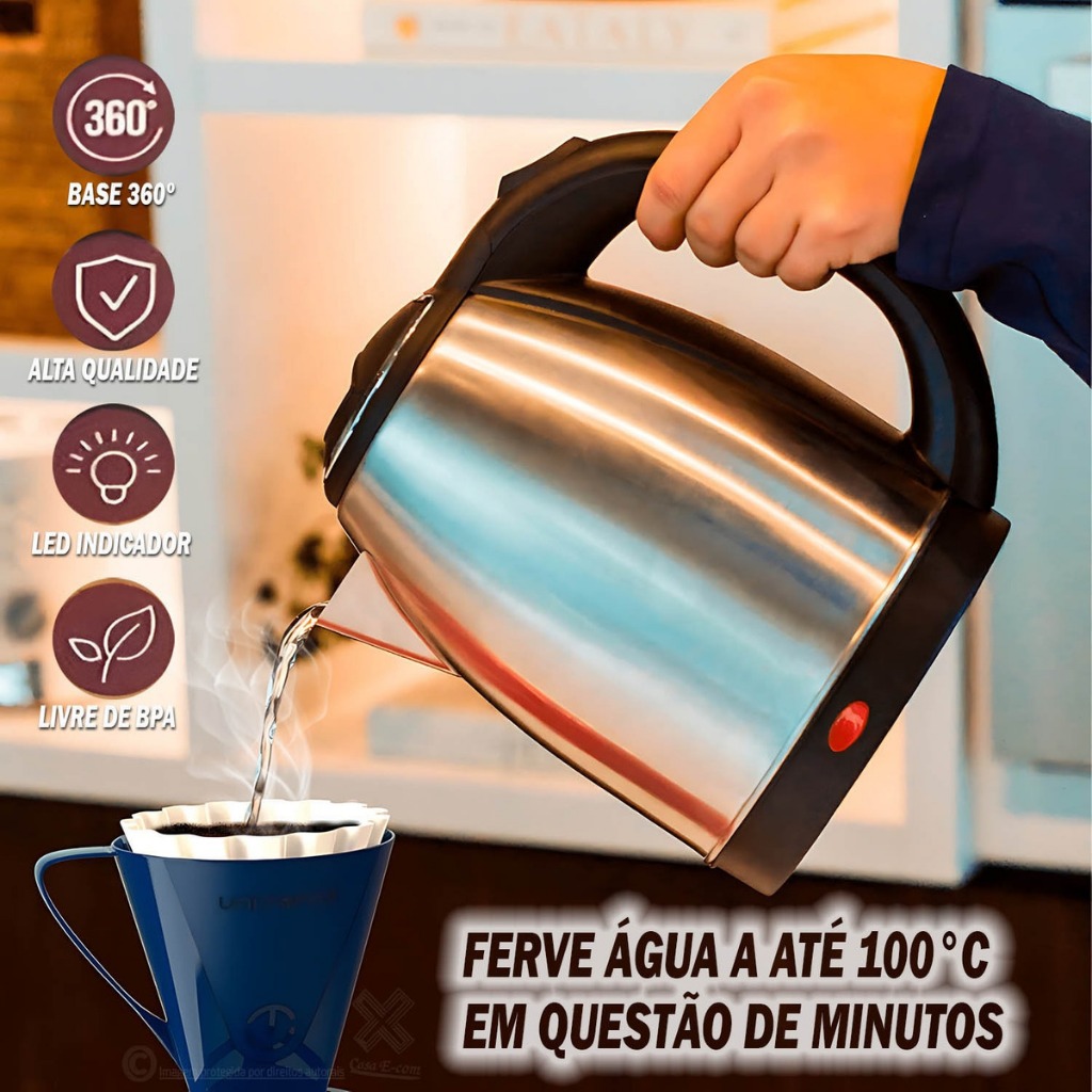 Chaleira Jarra Elétrica Startools 2 Litros Inox 1000w Café Chá Ferver ...