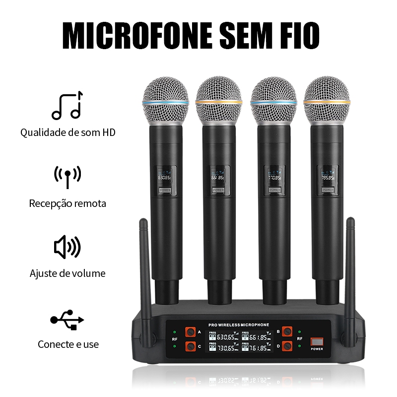 Microfone Sem Fio de 4 canais Microfone UHF portátil duplo Microfone ...