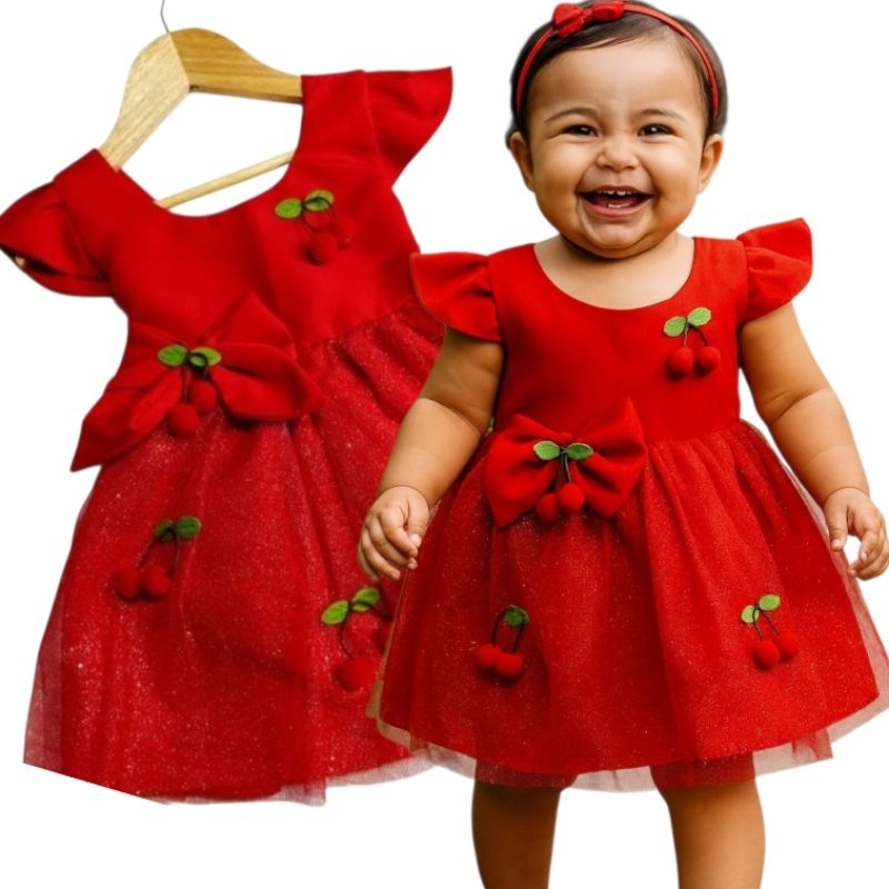 Vestido Romper Vermelho Verde Rosa Bebê Tule Brilho Cerejas 1 a 4/6 ...
