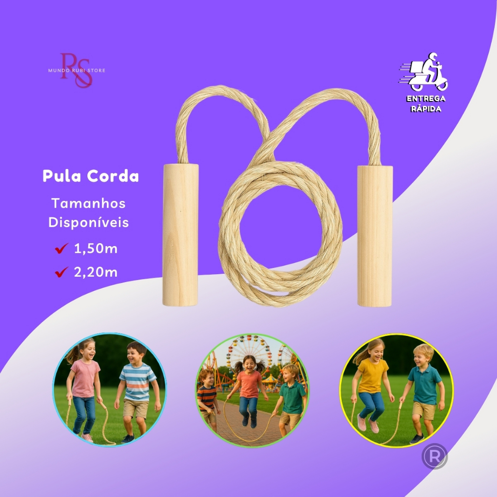 Pula Corda Infantil Natural de Sisal - Cabos de Madeira - Tamanho 1,5m ...