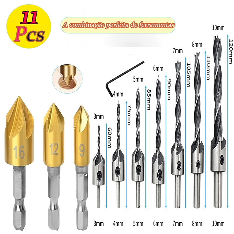 kit jogo broca escariadora 11 peças madeira piloto | Shopee Brasil