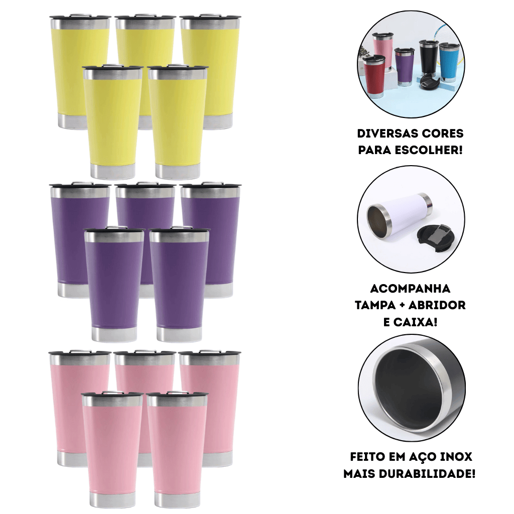 Kit 15 Copos Térmicos 473ml c/ Tampa Abridor e Caixa Aço Inox Copos p ...