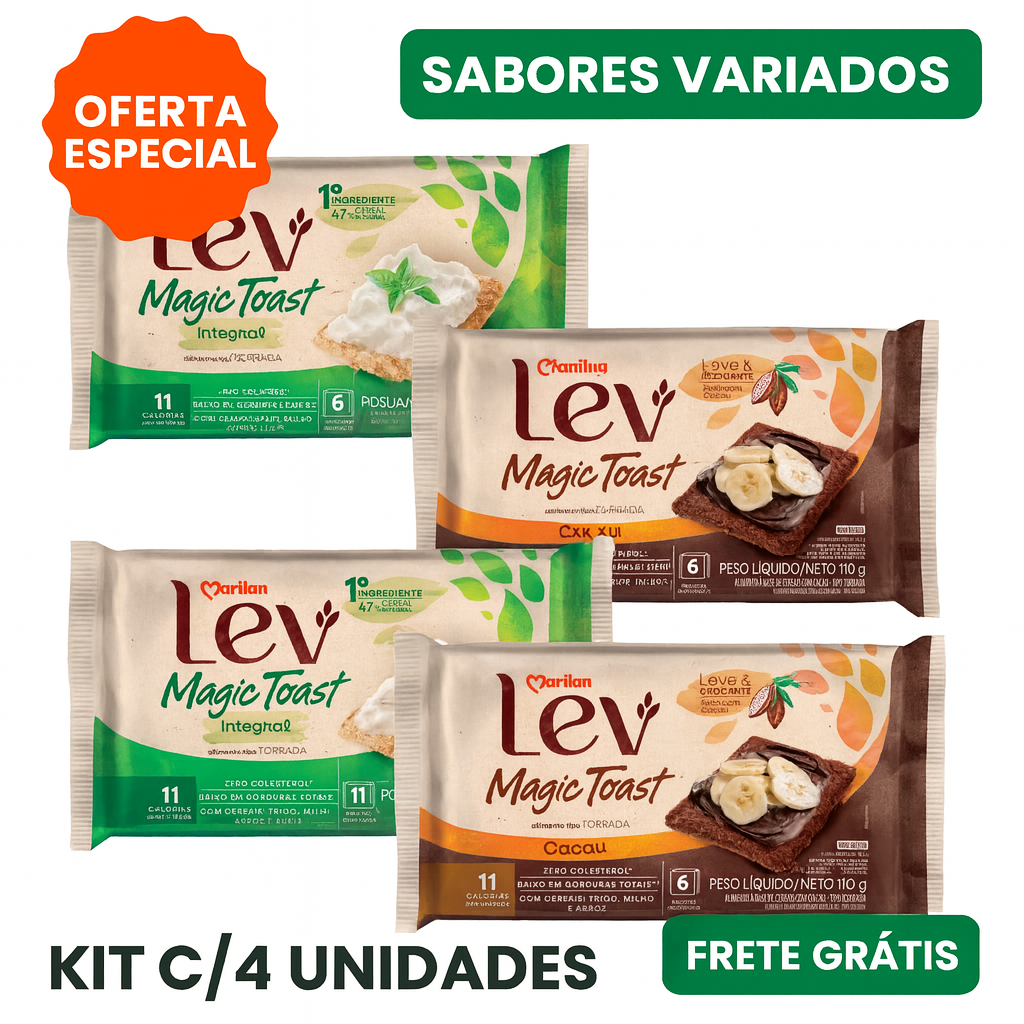 Kit C/4 Torradas Lev Magic Toast 110g – Sabores Integral e Cacau ...