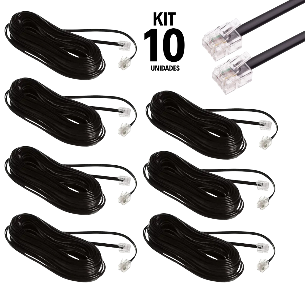 Kit 10 Cabo Liso Telefone 6x4 Preto 5 Metros Fio Cordão Conector RJ11 ...
