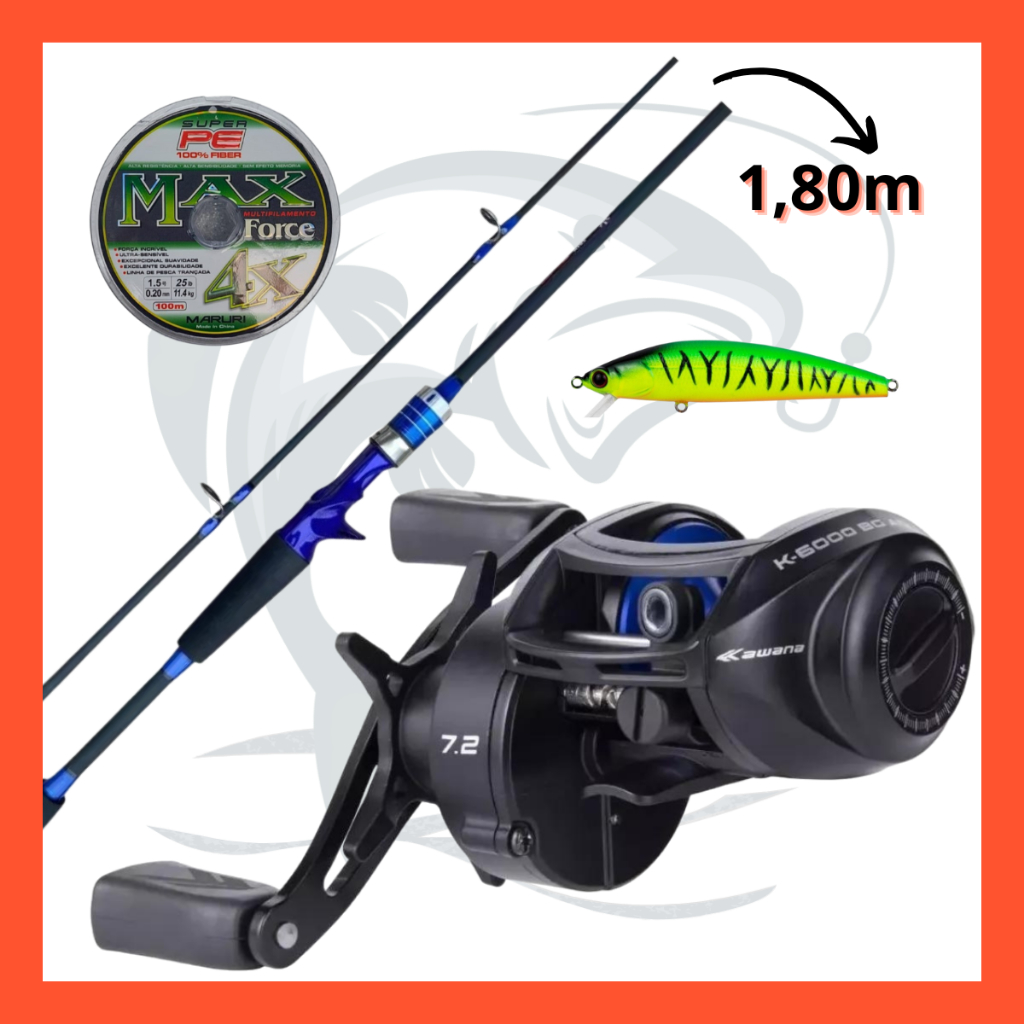 Kit Pesca Tucunaré Carretilha Kawana Bg Anticabeleira com Vara Carbono 1,8m Pesca Esportiva ...