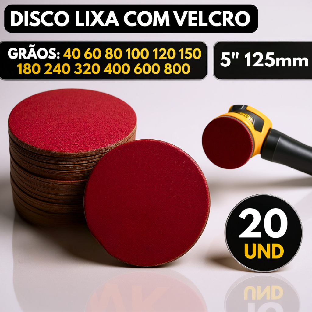 Kit 20 Disco de Lixa Velcro Circular 125mm Sem Furos Lixadeira Roto ...
