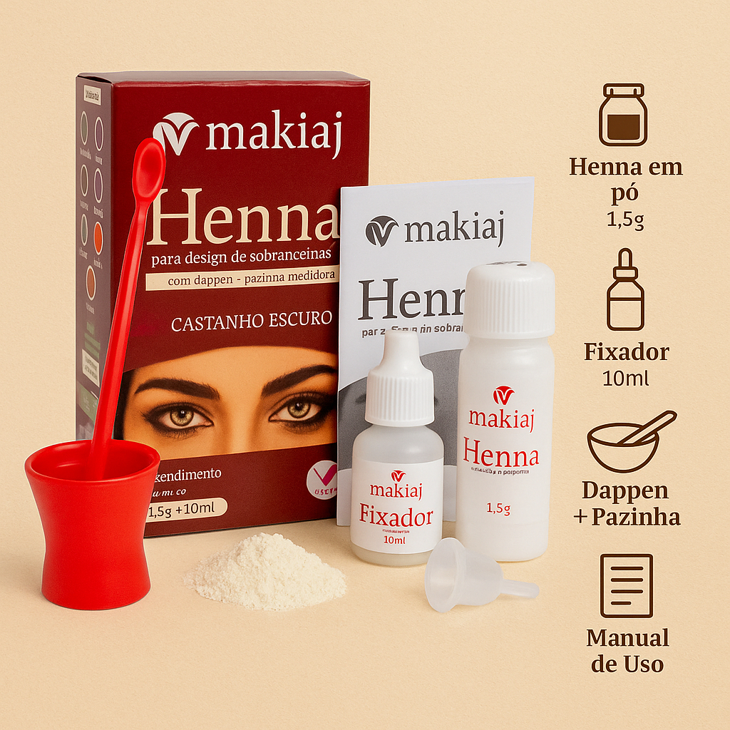 Henna Makiaj em Pó para Sobrancelhas 1,5g Kit Completo Fixador Dappen ...