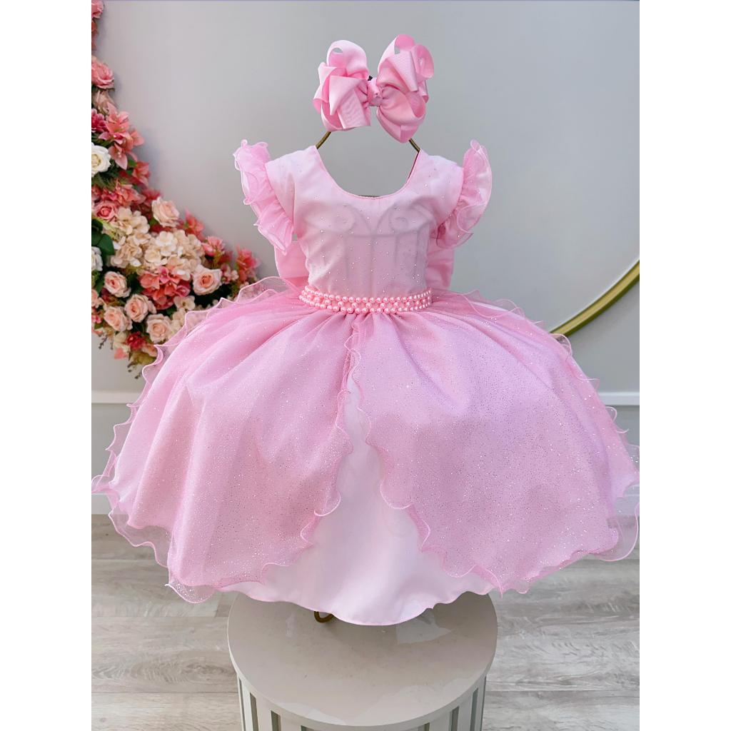Vestido Infantil Branco Rosa Azul Claro Saia C/ Tule e Glitter Daminha ...