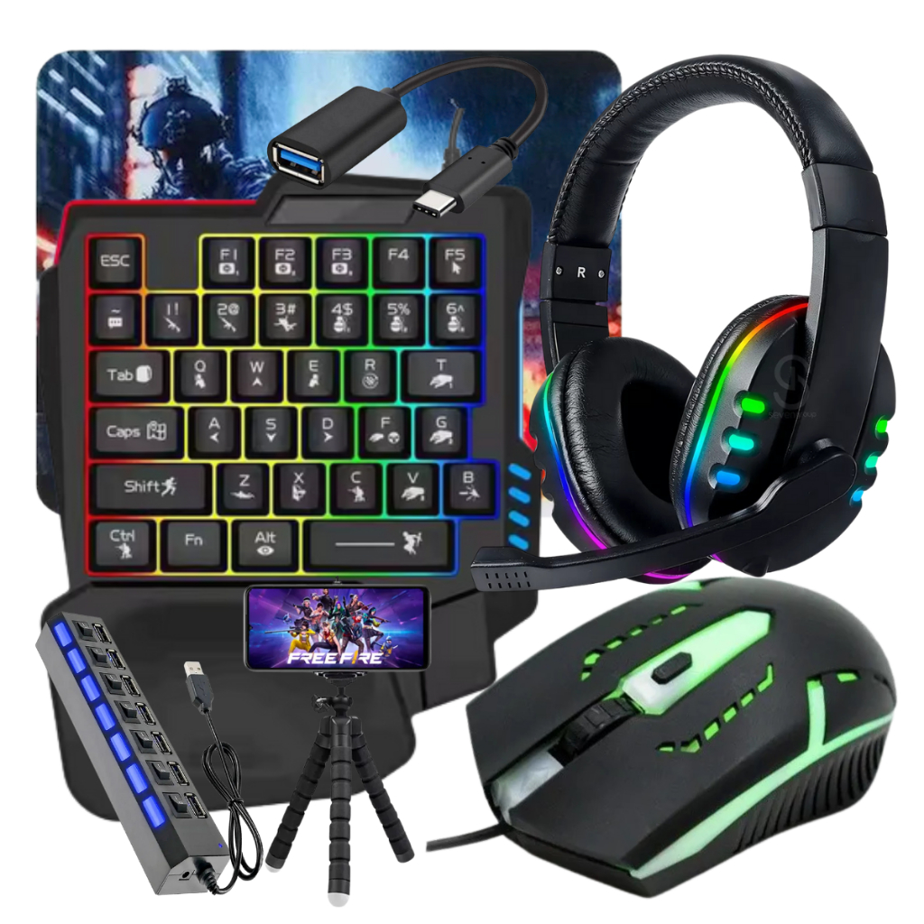 Kit Gamer Mobilador Celular Teclado Mouse Tripé Usb Rgb Otg Compatível ...