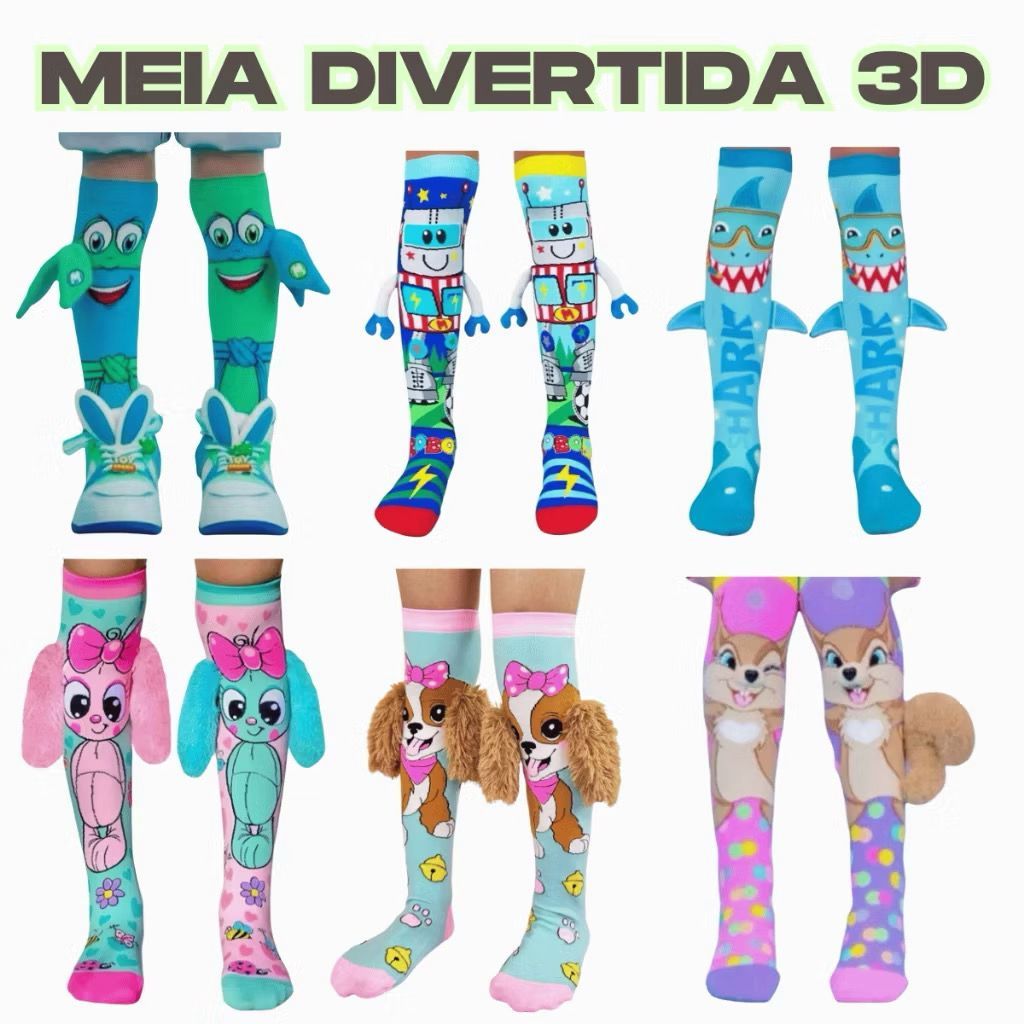 Meia Infantil 3D Divertida meia maluca Juvenil Colorida Criança Menina ...