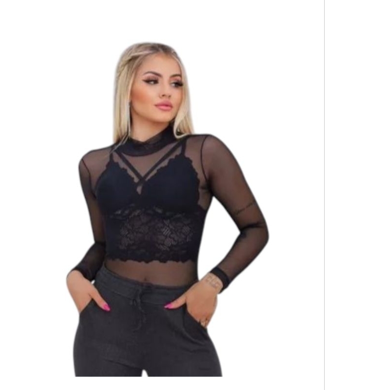 Body de Tule Manga Longa tendência Paris e Cropped Renda Tira Dupla Kit ...