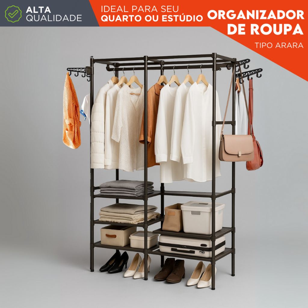 Guarda Roupa Arara Portátil Organizador de Roupas C/ Prateleiras e ...