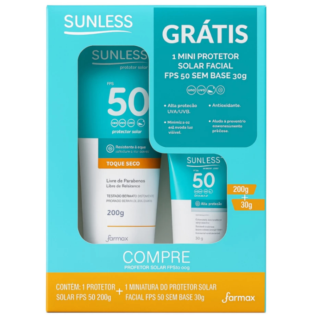 Kit Protetor Solar Sunless Farmax FPS50 200g + Facial FPS50 Sem Base ...