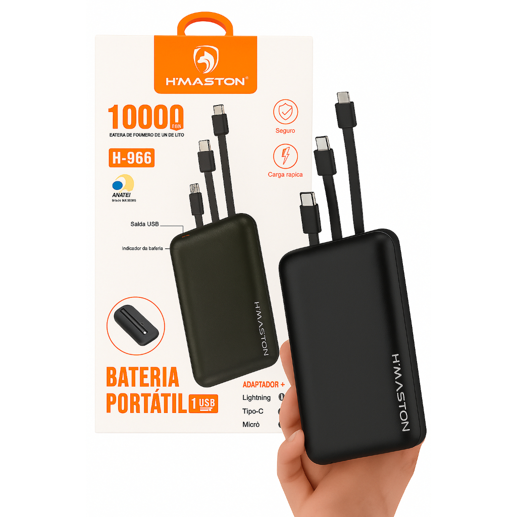 Power Bank H’Maston 10000mAh – Carga Rápida + 3 Cabos Integrados ...