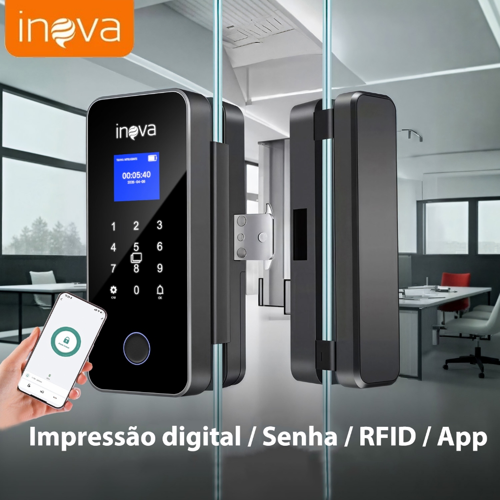 Inova Fechadura Eletrônica Inteligente Digital YS-12889 Para Porta de Vidro – Biometria, Senha ...