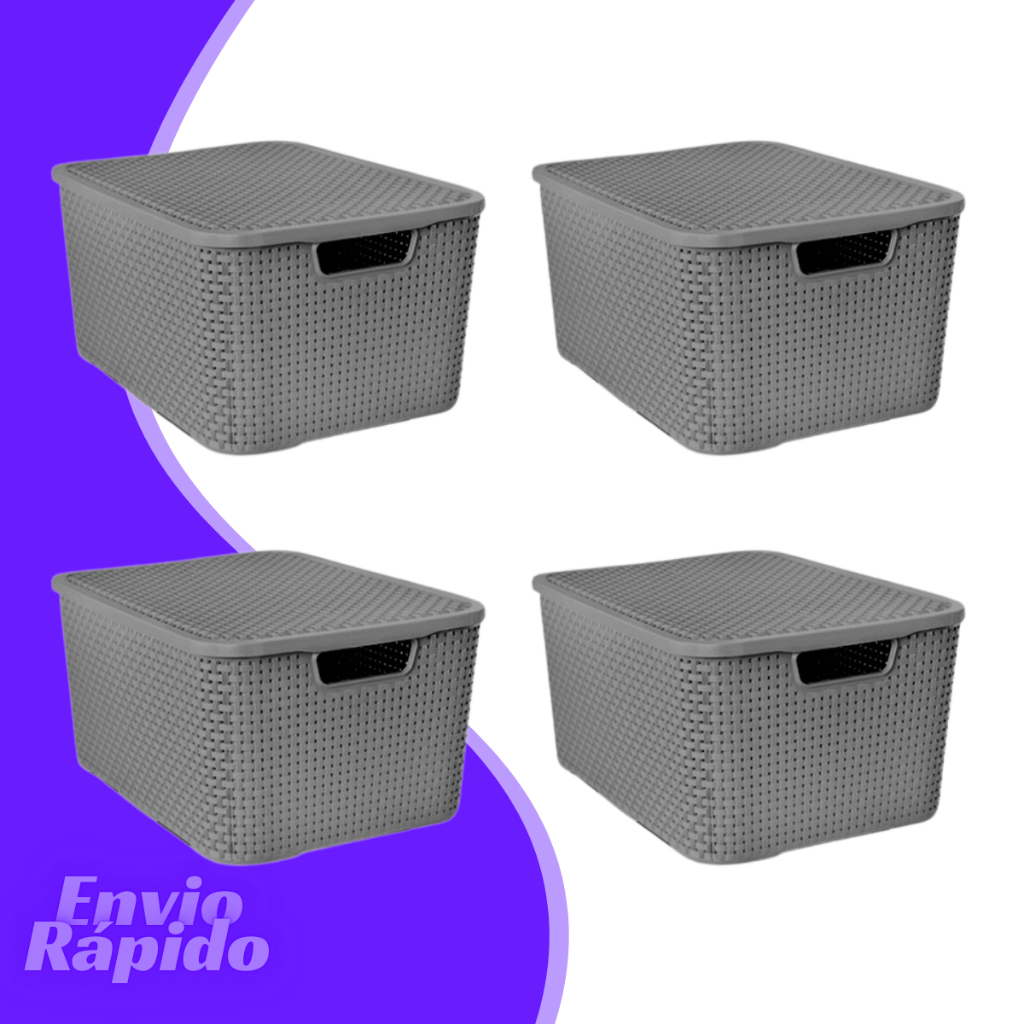4 X Caixas Organizadora Trama Rattan 13 Litros Cesto Organizador Multiuso Grande Plástico ...