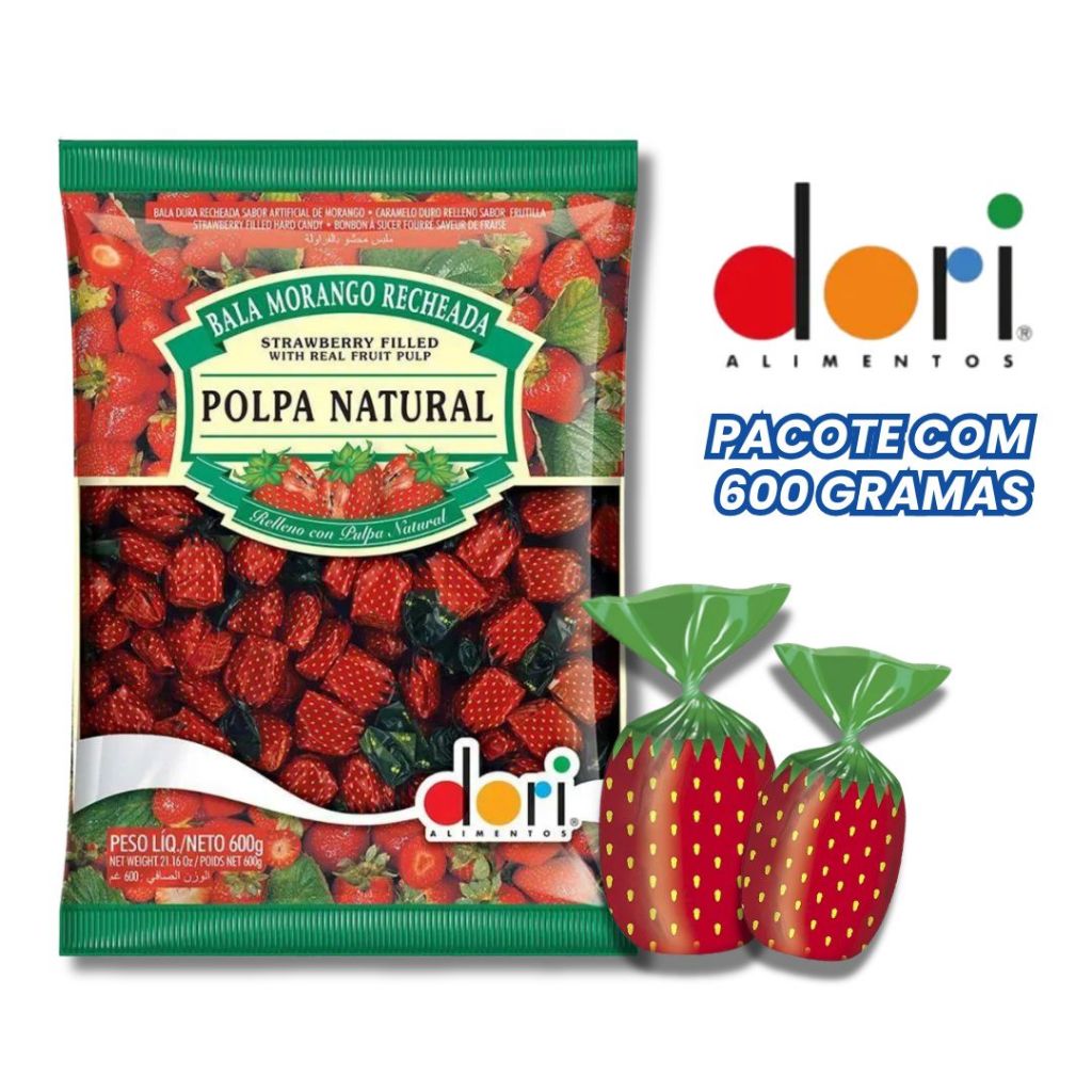 Bala Dori Recheada Sabor Morango com Polpa Natural Pacote com 600g ...
