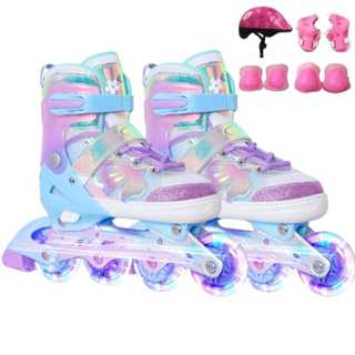 Patins Infantil Inline Roller Arco-Iris Sereia Luz Led Ajustável + Kit ...