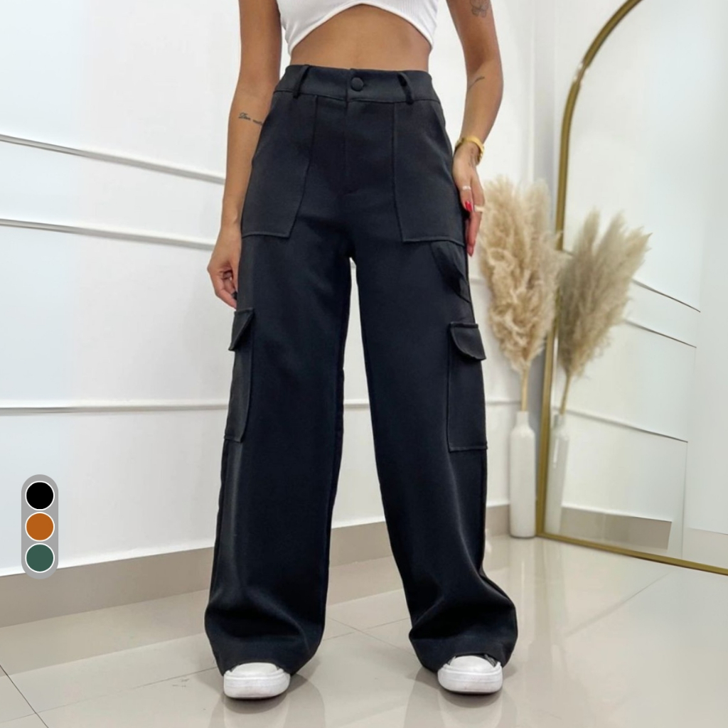 Calça Social Feminina Pantalona Alfaiataria Cargo Wide Leg Calsa Cós ...