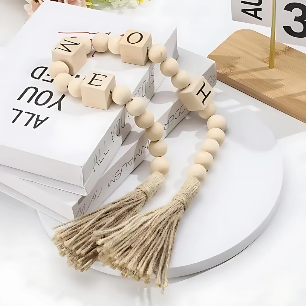Colar de Mesa Decorativo HOME 71cm Madeira Juta Franjas Boho Chic Sala ...