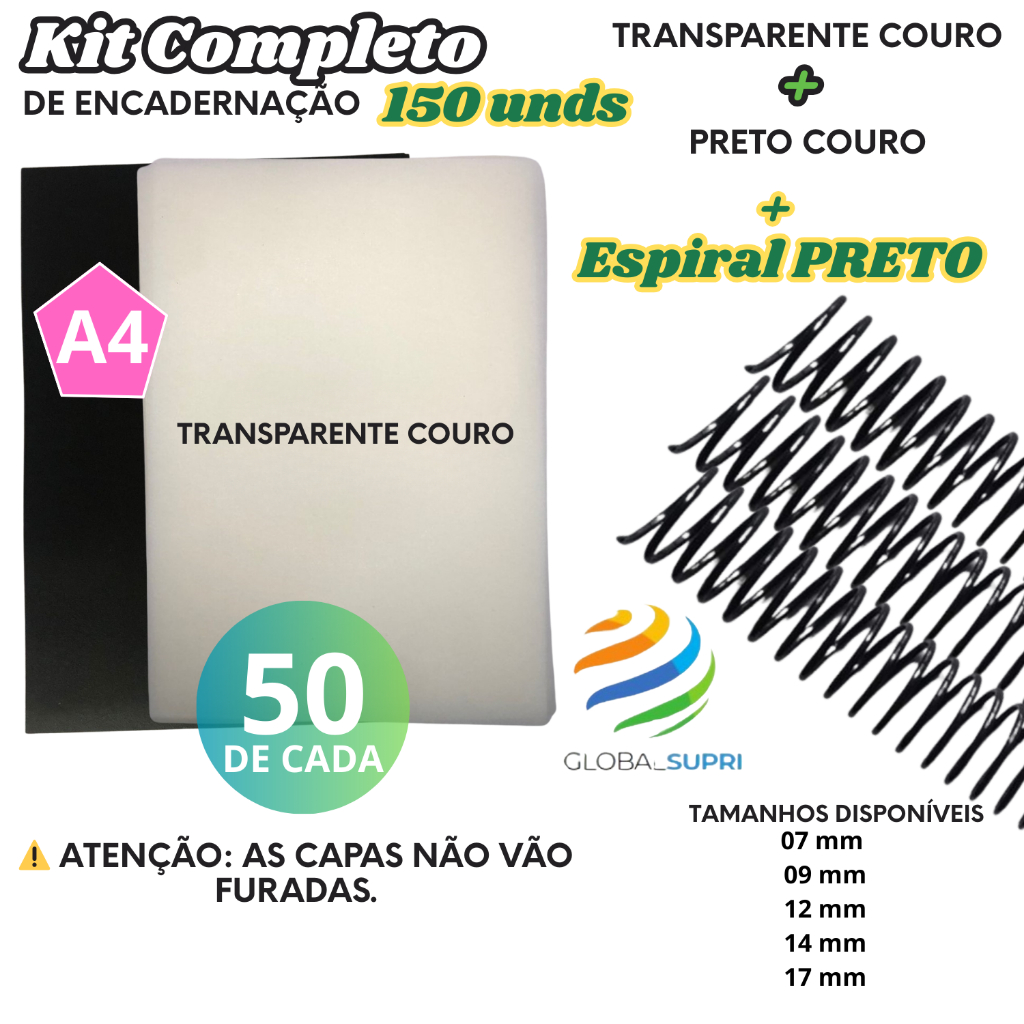 Kit p/ Encadernação 150 un | 50 Capas A4 TRANSPARENTE COURO + 50 A4 ...
