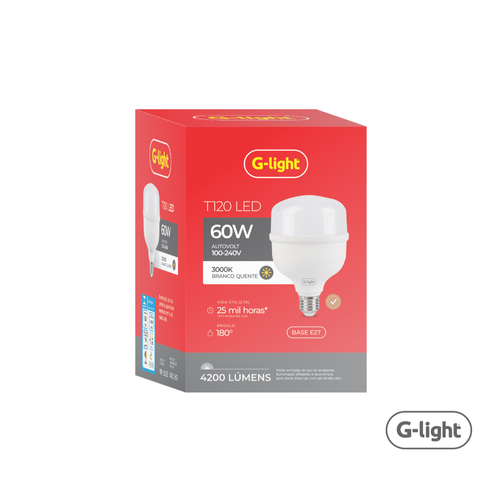 Lâmpada LED G-light Bulbo T 6500K Luz branco frio Alta Potência 60W ...